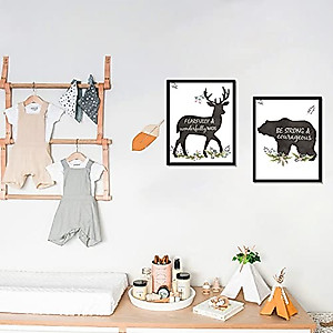 KAIRNE Framed Woodland Motivational Quote Wall Decor, Bible Verse Wall Art for Baby Room Classroom,Set of 3 8X10inch Adventure Woodland Canvas Decor with Black Frame