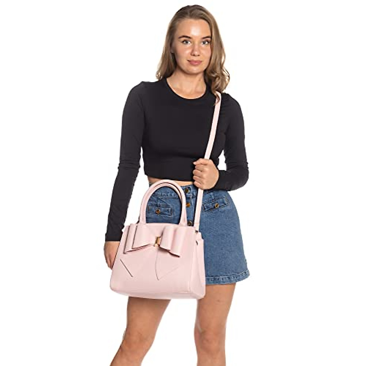 Like Dreams Women Classic Large Vegan Leather Satchel Bowtie Top Handle Fashion Handbag Purse (Candy Pink)
