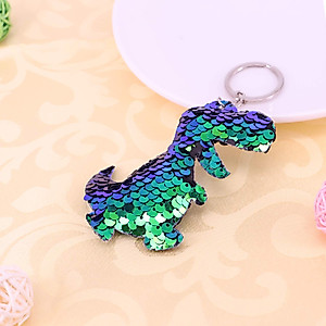 QTKJ Cute Reversible Mermaid Glitter Pompom Sequins Dinosaur Pendant Keychain Key Chain for Women Car Bag Accessories Key Ring (Green)