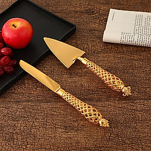 Vintage Engraved Gold Cake Knife and Server Set, Elegant Cake Cutter and Serving Spatula Set, for Wedding, Birthday, Thanksgiving, and Christmas Celebrations