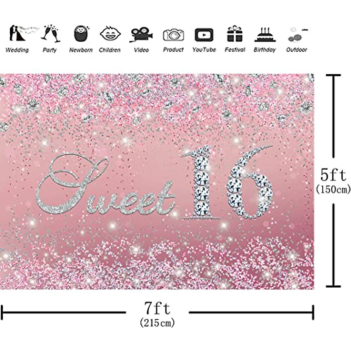 Hilioens 7×5ft Sweet 16th Birthday Backdrop Glitter Pink Diamonds Bokeh Girls 16th Birthday Party Backgorund Shining Silver Happy Sixteen Birthday Party Banner Deocrations Photo Booth Props