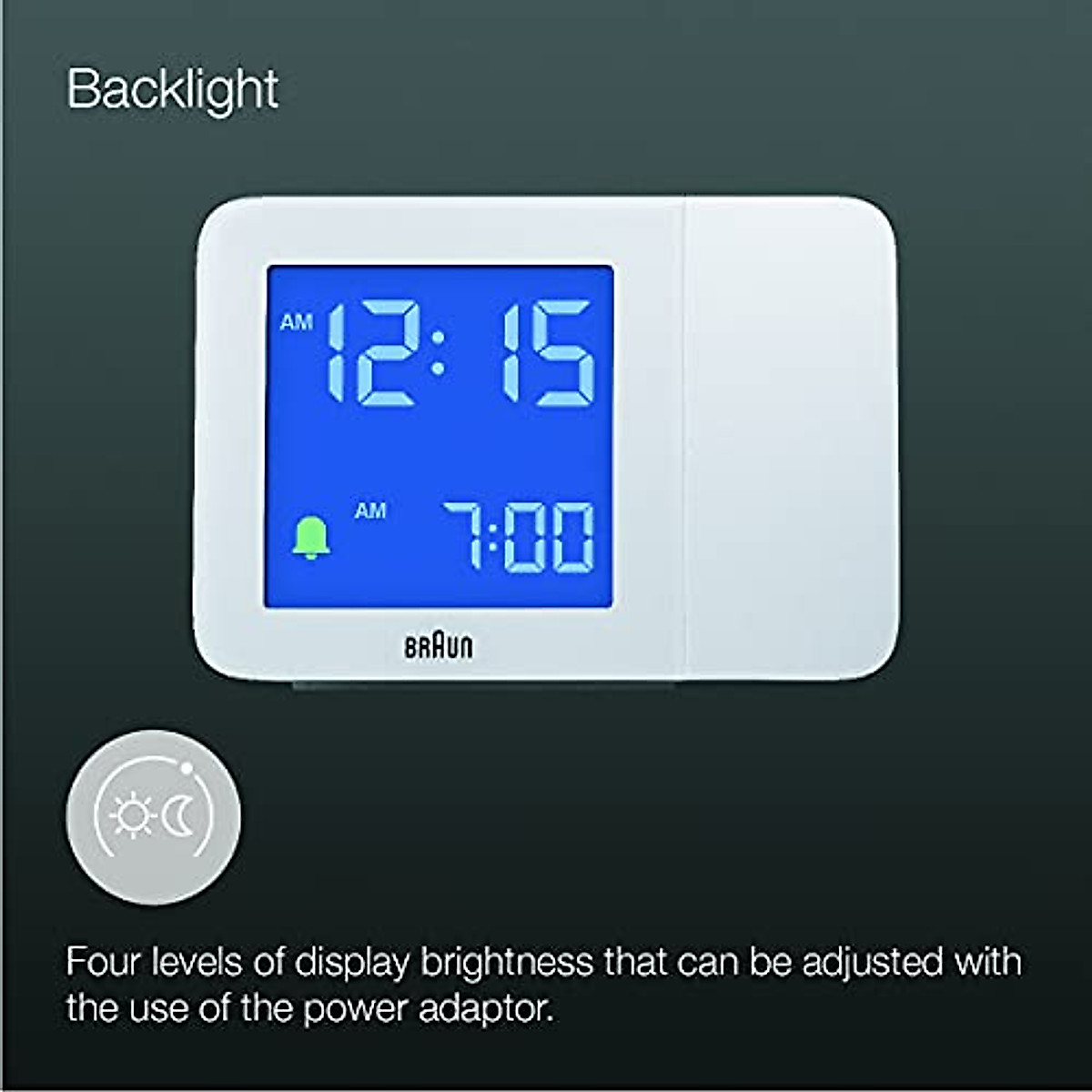 Braun Digital Projection Alarm Clock with 4 Backlight Options, Negative LCD Display, Quick Set, Beep Alarm in White, Model BC15W