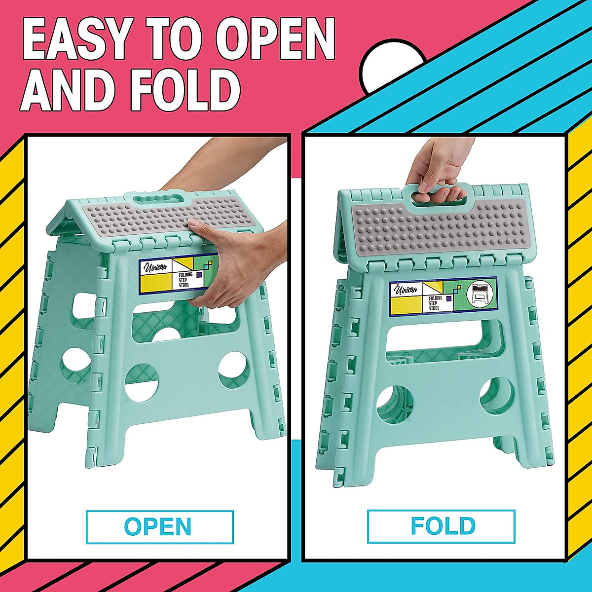 Uinicor 13" Folding Step Stool for Adults and Kids Holds Up to 300 lbs,Non-Slip Folding Stools with Handle, Compact Plastic Foldable Step Stool for Bathroom,Bedroom, Kitchen,Teal 1pc