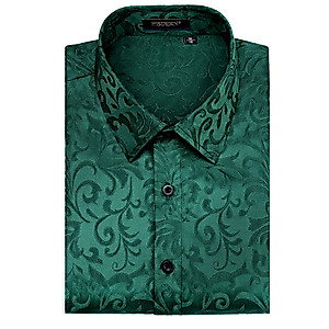 HISDERN Men's Satin Green Dress Shirts Shiny Emerald Luxury Button Down Shirt Casual Fashion Long Sleeve Floral Shirts Tuxedo Party Prom Night Club