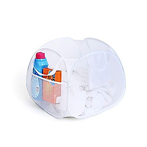 Smart Design Deluxe Mesh Pop Up Square Laundry Basket Hamper w/ Side Pockets & Handles - Durable Fabric Collapsible Design - for Clothes & Laundry - Home - (Holds 2 Loads) (17 x 14 Inch) [White]
