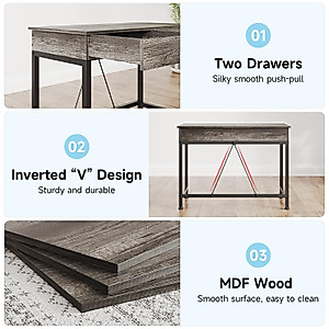 Mexin Small Desk with 2 Wooden Drawers, 40 Inch Home Office Writing Desk, Vanity Desk with Storage, Computer Desk for Bedroom Small Spaces, Desk Table for Office, Kids Study, Makeup, Grey Oak