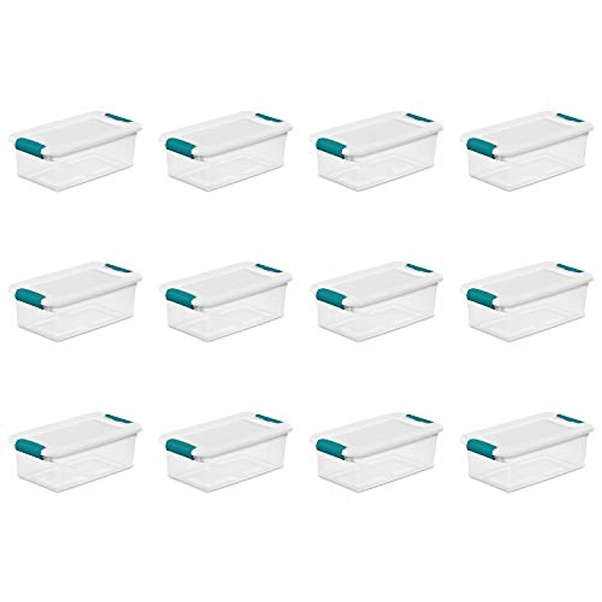 Sterilite 6 Qt Latching Storage Box, Stackable Bin with Latch Lid, Plastic Container to Organize Shoes on Closet Shelf, Clear with White Lid, 12-Pack