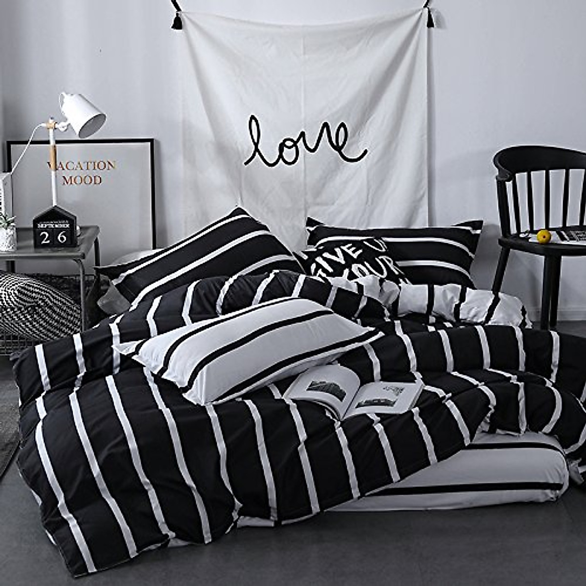 Chesterch Prevoster Microfiber Duvet Cover Set Black White Bedding Zebra Pattern,3 Piece,Stripe Comforter Cover and 2 Pillowcases,Full Queen Size