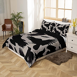 Feelyou Kids Raven Full Size Bedding Set Black Feathers Bird Themed Comforter Cover Set for Girl Boys Gothic Art Duvet Cover All Season Home Decor,1 Duvet Cover with 2 Pillow Shams