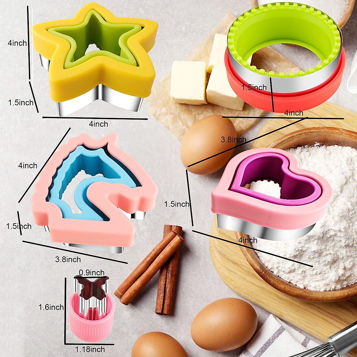 Sandwich Cutter and Sealer for Kids 4pcs Large Bread Decruster Sandwiches Cruster Maker Vegetable Fruit Cookies Food Cutter Shapes Set for Boys Girls Lunch Bento Box Unicorn Star Heart Round