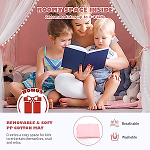 Costzon Kids Tent with Padded Cotton Mat, Large Playhouse for Girls w/Longer Mesh Curtain, Solid Frame, Roll-Up Windows, Indoors and Outdoors Princess Tent Castle Playhouse for Toddlers (Pink)