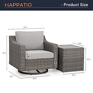 HAPPATIO Patio Chairs Set of 2, 360-Degree Swivel Outdoor Chairs, 3 Piece Wicker Patio Bistro Set with Comfortable Cushions and Sturdy Rattan Table for Yard, Porch, Balcony(Grey)