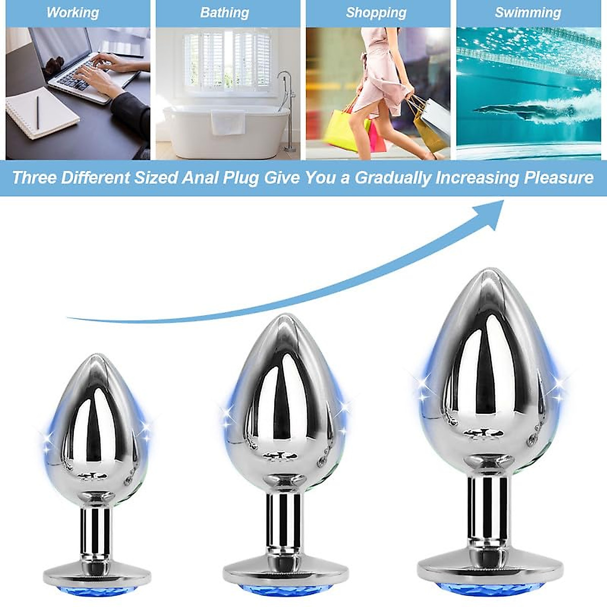 3 Piece (Blue) Stainless Steel Smooth Trainer Suction Cup Realistic Classic Dick Plug Double Headed Kit