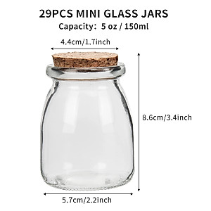 TAOUNOA 29 Pcs Small Glass Jars with Cork Lids, 5 oz Yogurt Jars Candle Jars Mini Glass Bottles Wedding Favor Jars Little Pudding Jars with String