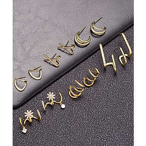 Ofeiyaa 6 Pairs Earrings Stud Claw Ear Cuff X-shaped Heart Snowflake Shiny CZ Trendy Minimalist Dainty Double Wrap Huggie Earrings for Women Gold Tone