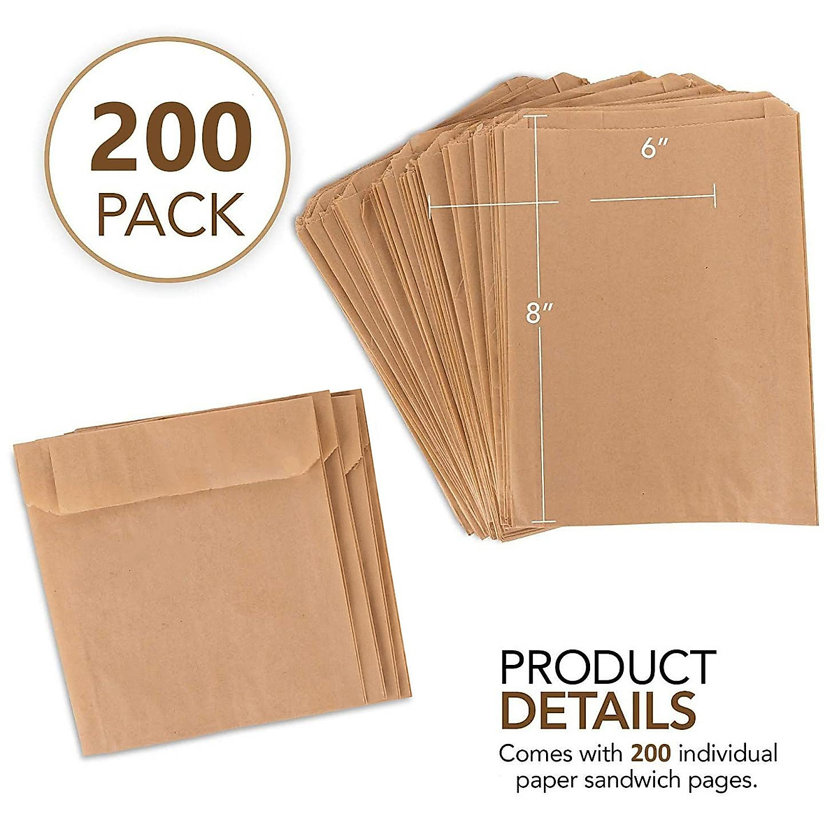 Paper Sandwich Bags Kraft Brown 200 Pack - Biodegradable and Compostable Food Grade Paper Bags - Unbleached Compostable Natural Kraft Paper Stock Bags for Bakery Cookies, Treats, Snacks, Sandwiches
