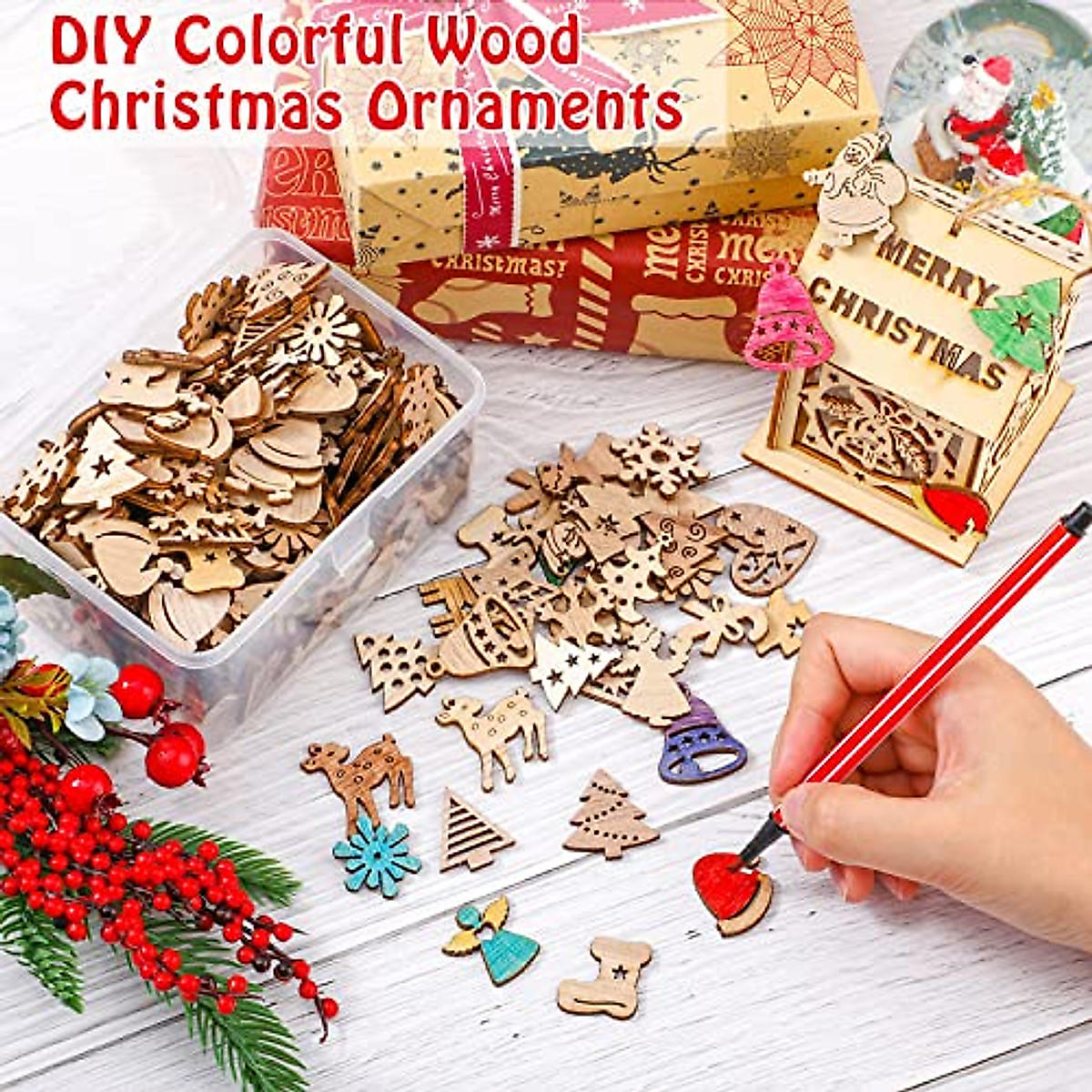 200 Pieces Christmas Unfinished Mini Wooden Ornaments Halloween Thanksgiving DIY Mini Wood Blank Cutouts with Storage Box and Twine for Christmas Tree Hanging Crafts Xmas Decorations