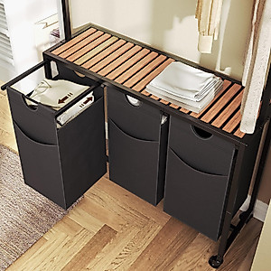 YATINEY Laundry Sorter, Laundry Hamper with Hanging Rack, Laundry Sorter 3 Section, Laundry Basket with Wheels, Hampers for Laundry, Laundry Basket Organizer for Laundry Room, Rustic Brown LS37BR