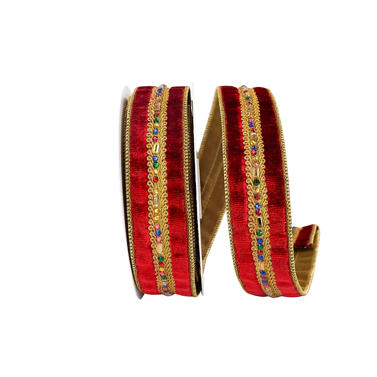 Reliant Ribbon Jewel Stones Trim Velvet Luxe Wired Edge Ribbon, Wine