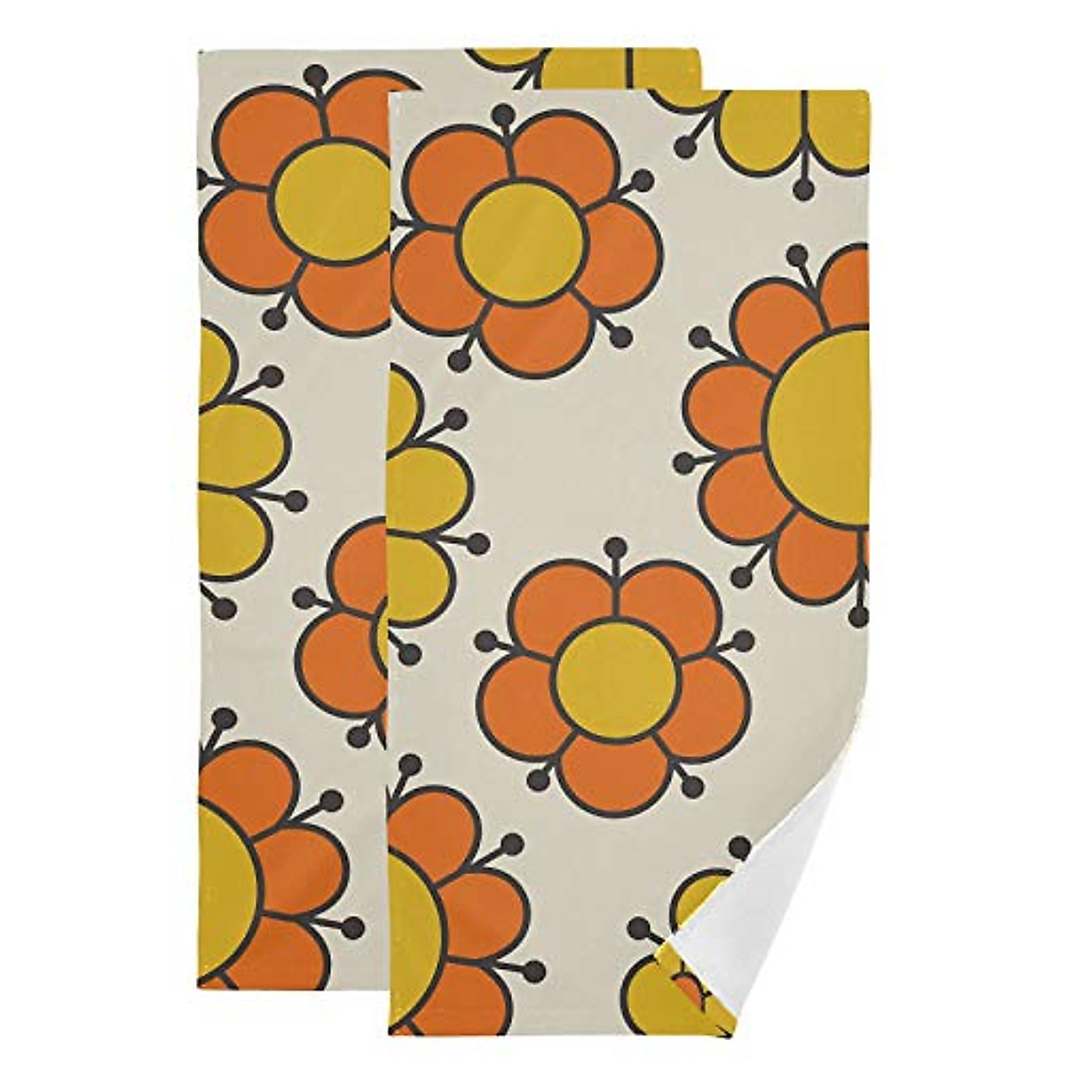 ALAZA Washcloths Set of 2, Retro Orange and Yellow Color 60S Flower Dish Towels and Dish Cloths for Face, Hand, Kitchen & Cleaning, 28 x 14 inch