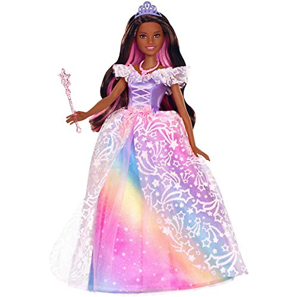 Barbie Dreamtopia Royal Ball Princess Doll, Brunette Wearing Glittery Rainbow Ball Gown, with Brush and 5 Accessories, Gift for 3 to 7 Year Olds