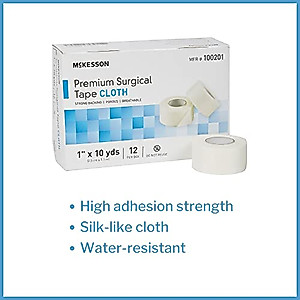 McKesson Premium Surgical Tape, Non-Sterile, High Adhesion Silk-Like Cloth, 1 in x 10 yd, 12 Rolls, 1 Pack