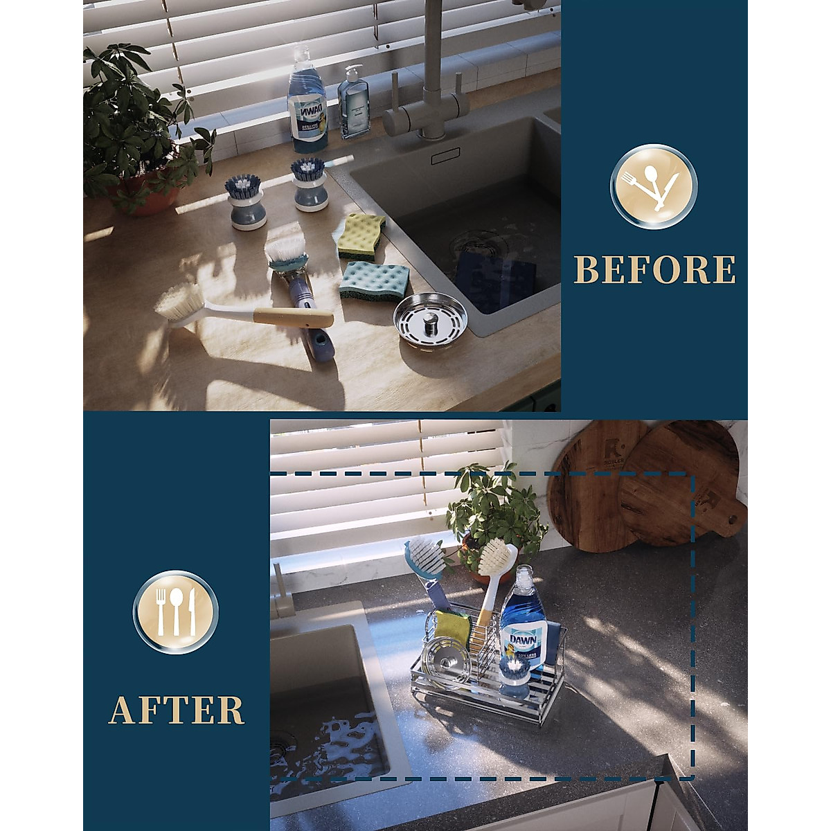 Consumest Sink Caddy, 5-in-1 Sponge Holder Kitchen Sink Caddy Organizer with Removable Drain Tray for Countertop, 304 Stainless Steel Soap Sponge and Dish Brush Holder - Silver (8.43×4.49×4.49 inches)