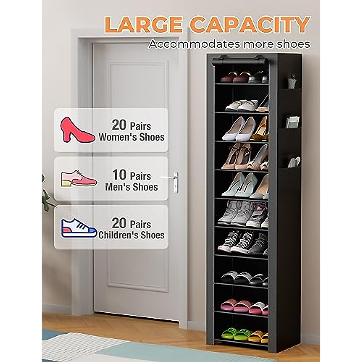 NiHome 10-Tier Tall Shoe Rack with Dustproof Waterproof Cover, Compact Narrow Shoe Rack Free Standing Shoe Storage Organizer for Closet Entryway, Metal Structure Vertical Shoe Shelf Tower, Black