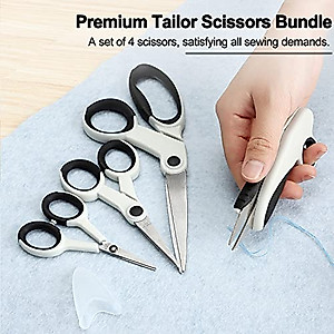 Premium Tailor Sewing Scissors Bundle, 8.1" Heavy Duty Sharp Fabric Scissors, 5.1"/4" Detail Embroidery Scissors, 5" Thread Snips with Comfort Grip (Grayish White)