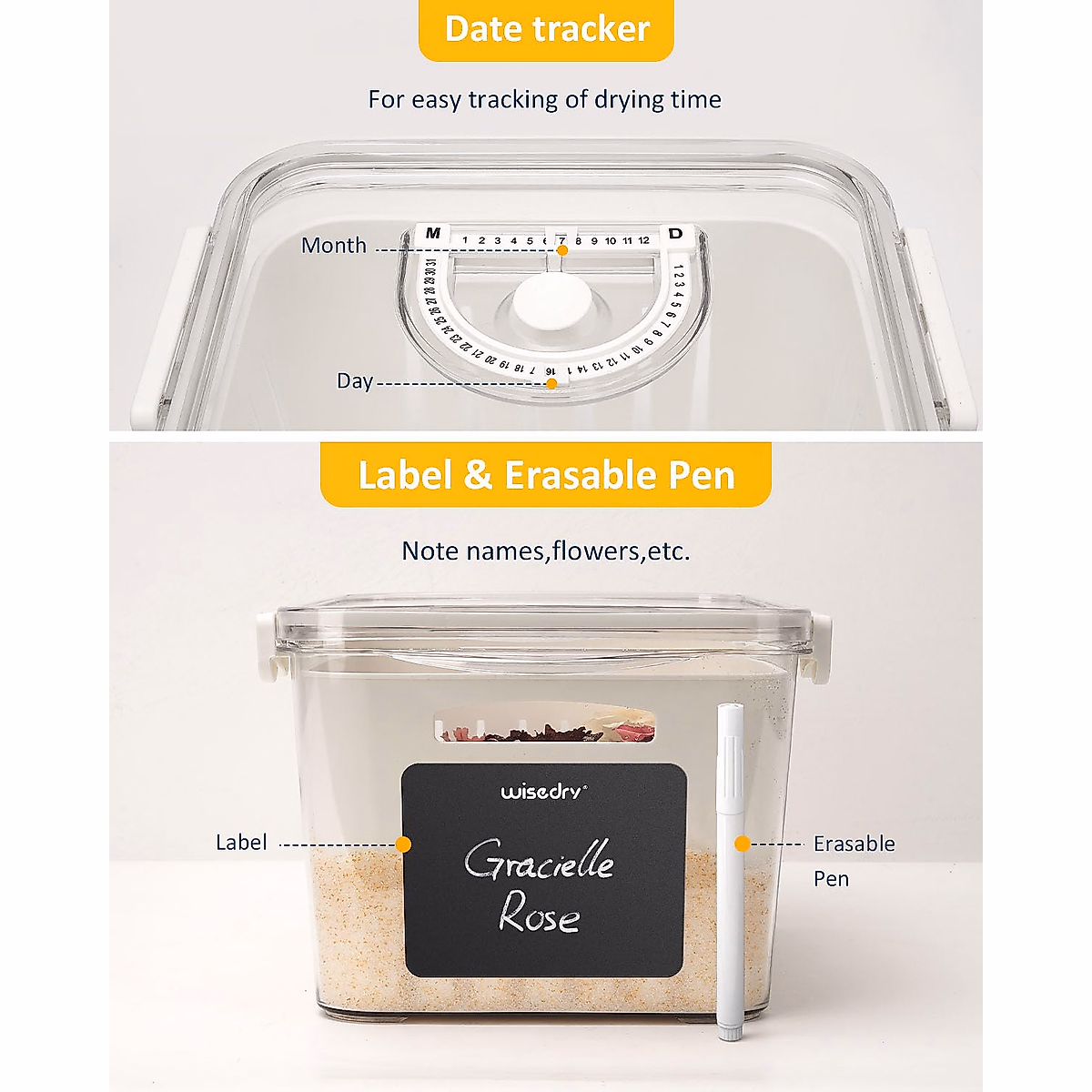 wisedry Silica Gel Flower Drying Container, One Step Retrieve Dried Flowers, 11.5''L X 7.7''W X 6''H Storage Box with Cleanup Mat, Erasable Pen & Adhesive Label (Silica Gel Crystals Not Included)