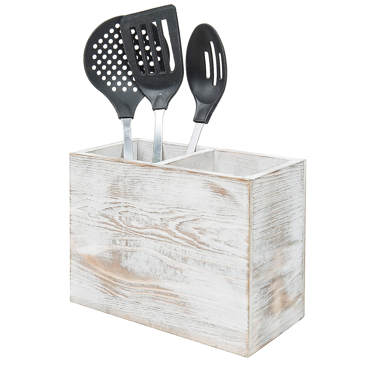 MyGift Whitewashed Wood Kitchen Utensil Holder Organizer, Countertop Flatware Silverware Cooking Utensil Crock Storage Caddy with 2 Compartments