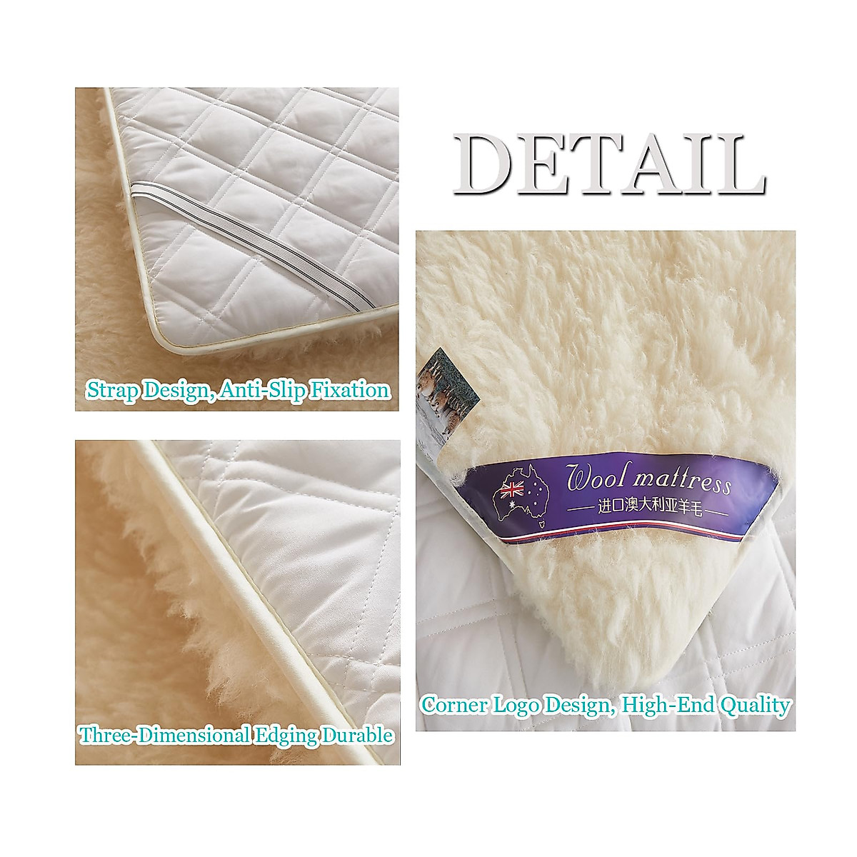 Mattress Topper Sheet Protector Underblanket with Straps - Extra Thick Mattress Pad Cover Woolmark Under Blanket(White,79 * 87")