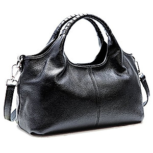 Iswee Womens Genuine Leather Handbags Tote Bag Shoulder Bag Top Handle Satchel Designer Ladies Purse Hobo Crossbody Bags (IR013-Black)