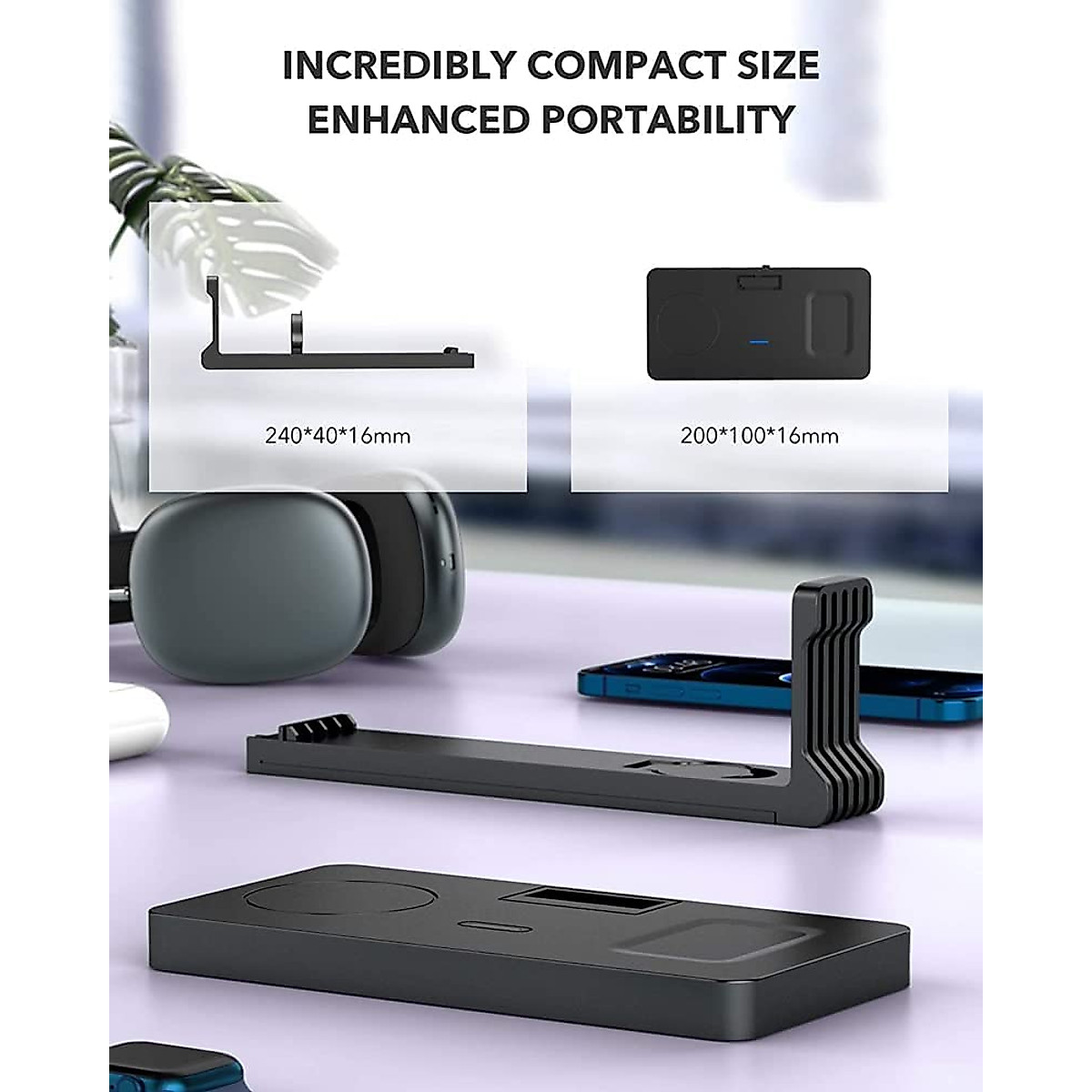 Headphone Stand Headset Holder with Wireless Charger, 4 in 1 Fast Wireless Charging Station for Apple Watch,Air Pods Pro/2, iPhone13/12/11/X, Earphone Hanger with 2 USB-C Ports for Desktop Gamer Room