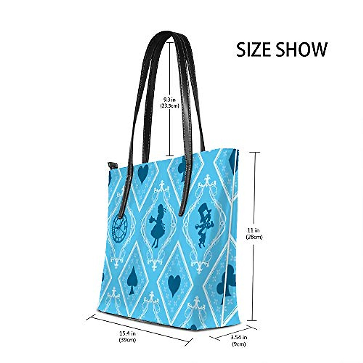 Kuizee Tote Handbag Shoulder Bags Zipper ﻿Wonderland Blue Big Capacity PU Leather Decoration Casual School Shopping Fashion 15.7In