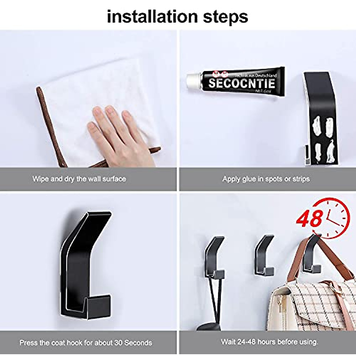 CFGROW Heavy Duty Adhesive Hook, 6 Packs Black, Coat Robe Clothes Bath Towel Hooks Wall Mounted with Strong Glue Hold 22 lbs for Home Bathroom Kitchen Modern Hotel Style, Free-Drill Ceiling Holders