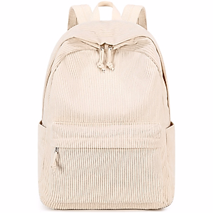 School Backpack for Teen Girls Bookbags Elementary High School Corduroy Laptop Bags Women Travel Daypacks (Beige)