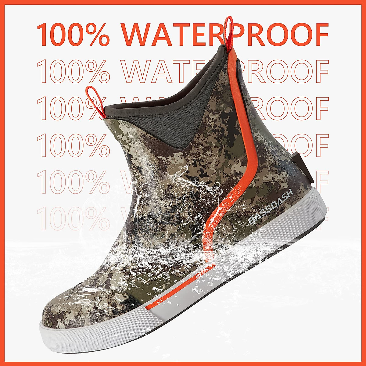 BASSDASH Men’s 6" Waterproof Deck Boots with Breathable Lining Anti-slip Neoprene Rubber Ankle Rain Boots for Fishing Boating