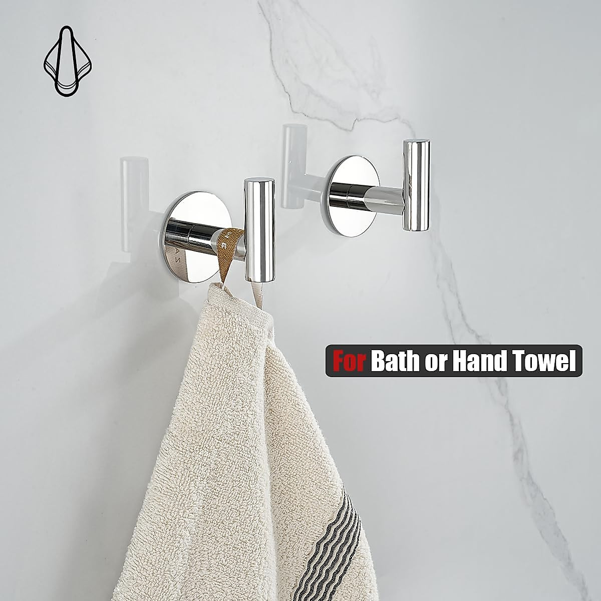 JQK Self Adhesive Towel Hook Chrome, No Drill Stick on Coat Robe Clothes Wall Hook for Bathroom Kitchen Garage 2 Pack, 304 Stainless Steel Polished Steel, ATH110-CH-P2