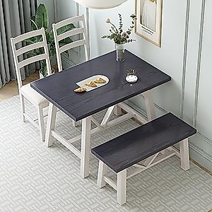 Merax Farmhouse Dining Table Set for 4, Solid Wood Frame with Upholstered Chairs and Bench, Twin, Grey