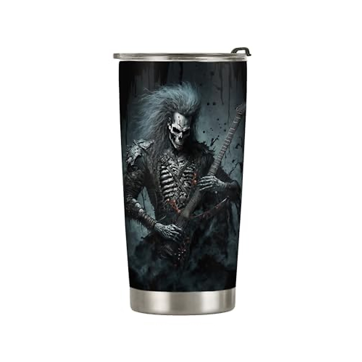 20oz Metal Rock Skull Reaper Electric Guitar Tumbler, Guitarist, Musician Gifts, Coffee Thermos for Men, Stainless Steel Double Wall Vacuum Insulated Coffee Mug, Travel Cup with Lid