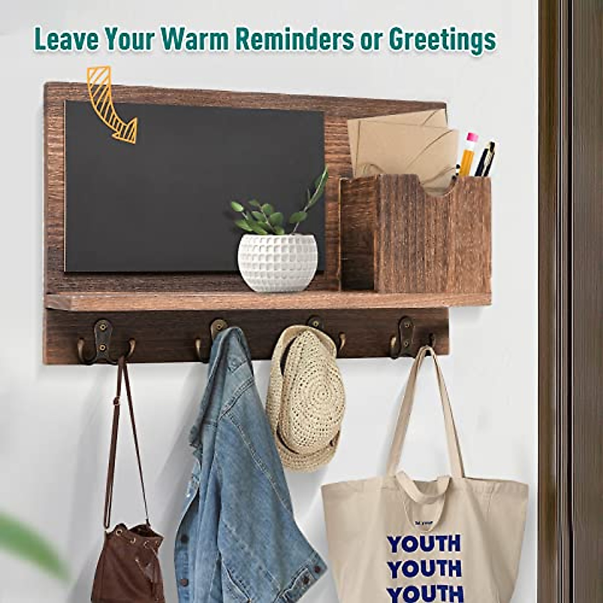 NUKied Key Holder for Wall Decorative, Mail Organizer Wall Mount with 4 Double Key Hooks and Message Board, Rustic Wooden Key and Mail Holder for Wall, Home Decor for Entryway, Hallway, Brown