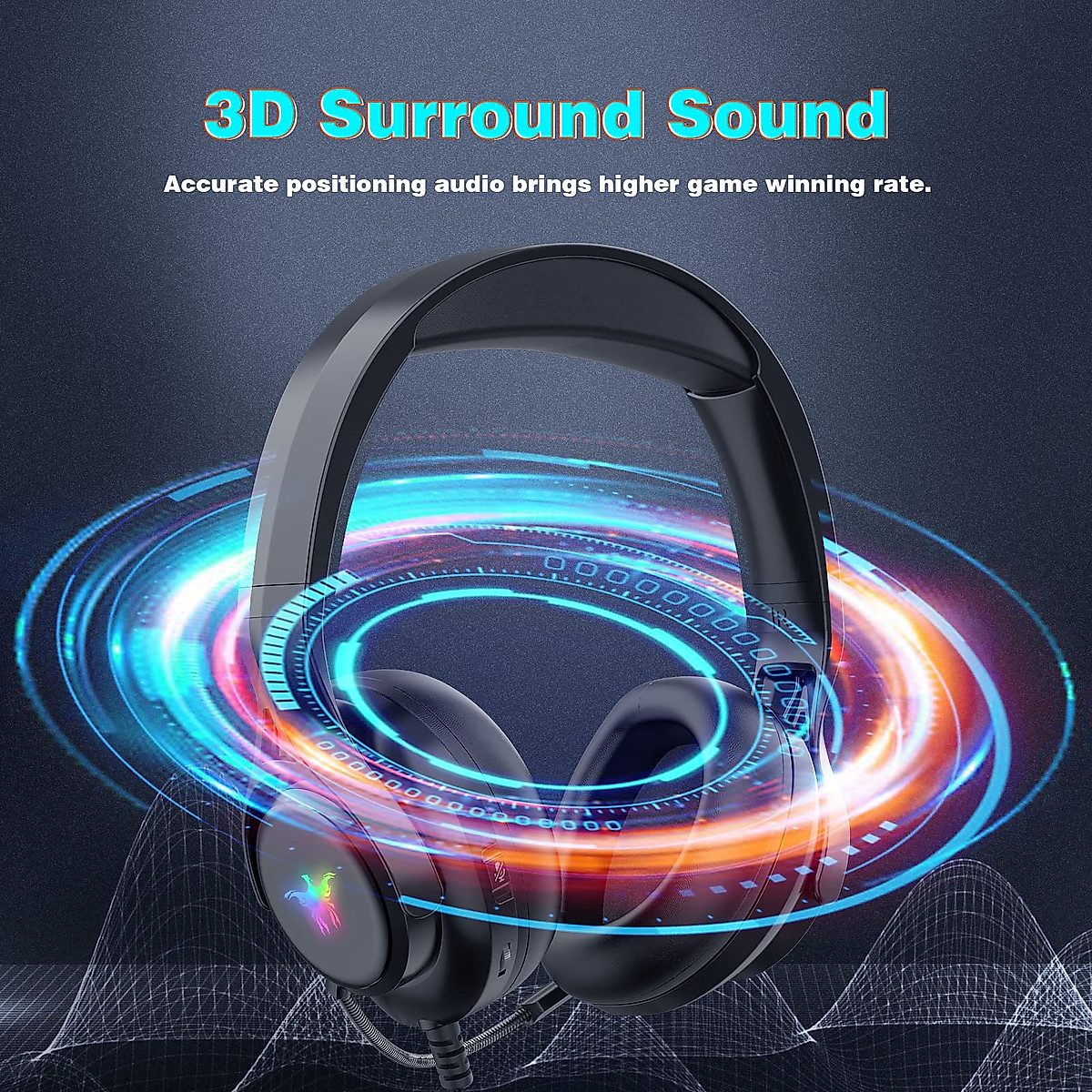 Gaming Headset with Microphone for Playstation 5, Double Head Beam Suspended Soft Soft Memory Earmuffs, 7.1 Surround Sound Wired Headset LED Light for PS5, PC, PS4, iMac, Laptop