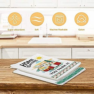 Bonsai Tree Camping Dish Towels and Dish Cloths, Funny Happy Camper Kitchen Hand Towels Sets of 4, Farmhouse RV Owners Lovers Sayings Quotes Tea Towels Housewarming Gifts Decor for Women New Home