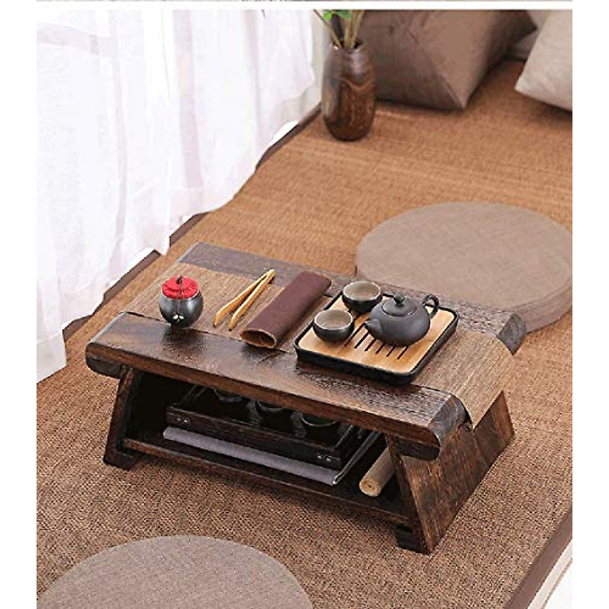 CHABUDAI Japanese Antique Tea Table Folding Legs Asian Floor Low Tea Table Wood (Middle: 68x35x28cm, ONE)