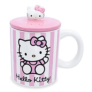 Toynk Hello Kitty Pink Stripes Ceramic Mug With Lid | Holds 18 Ounces