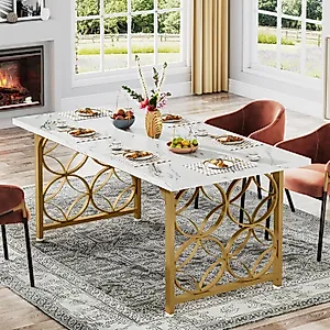 Tribesigns Dining Table, 63-inch Modern Marble Dining Room Table for 6 People, Rectangular Kitchen Table with Gold Metal Frame for Kitchen, Dining Room (White and Gold)