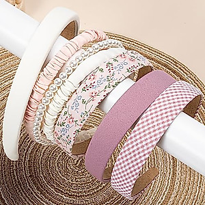 7pcs Fashion Headbands for Women, Wide Floral Headbands for Girls, Pearl Headband Non Slip Head Bands for Women's Hair Accessories (Pink)