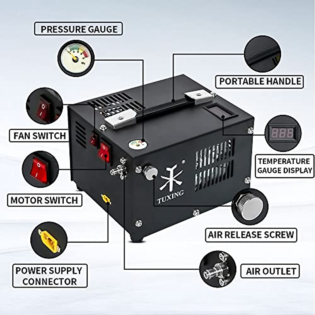 TUXING Pcp Air Compressor,4500Psi 30Mpa 300Bar,Oil/Water-Free,Powered by Car 12V DC or Home 110V AC with Converter (Included),Pump for PCP Air Rifles and Airguns (TXES061)