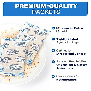 3/5/10/20/50 Gram Silica Gel Packets, 100Packs Total, Rechargeable Desiccant Packets with Orange Color Indicating, Food Safe Silica Gel for Moisture Absorbing